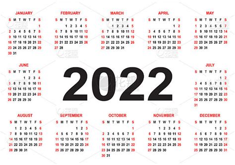 2022年日历一周从周日开始基本的网格
