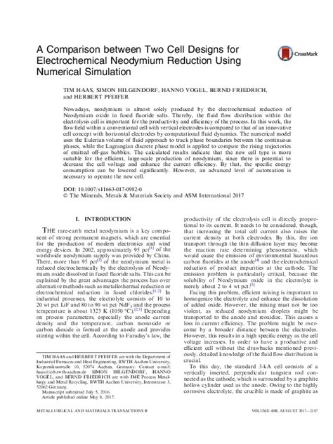 Pdf A Comparison Between Two Cell Designs For Electrochemical Neodymium Reduction Using