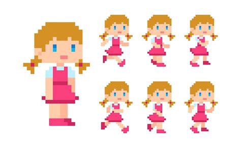 Premium Vector Pixel Art 8 Bit Cute Girl Blonde Pink Dress Character Run Animation