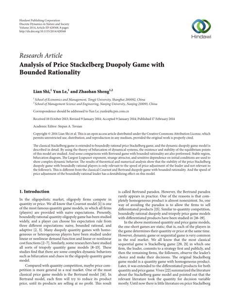 Pdf Analysis Of Price Stackelberg Duopoly Game With Bounded Rationality