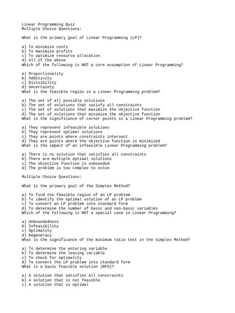 Linear Programming Quiz Pdf Linear Programming Mathematical