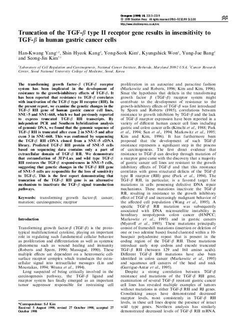 Pdf Truncation Of The Tgf β Type Ii Receptor Gene Results In Insensitivity To Tgf β In Human