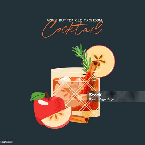 어두운 배경에 로즈마리와 향신료 벡터 삽화가 있는 애플 올드 패션 칵테일 가을 알코올 음료 마실 것에 대한 스톡 벡터 아트 및 기타 이미지 Istock