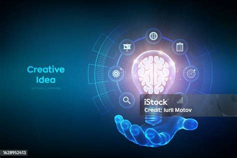 창의적인 아이디어 손에 전구를 들고 있는 인간의 뇌 사업 아이디어 브레인스토밍 창의적 사고 뇌가 있는 전구 창의성 혁신 영감 기술 개념 벡터 그림입니다 발명에 대한 스톡