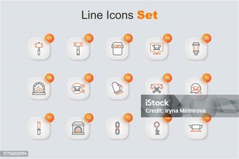 세트 라인 대장장이 모루 도구 오래된 열쇠 체인 링크 오븐 Rasp 금속 파일 교차 망치 및 보호 장갑 아이콘 벡터 강철에 대한 스톡 벡터 아트 및 기타 이미지 Istock