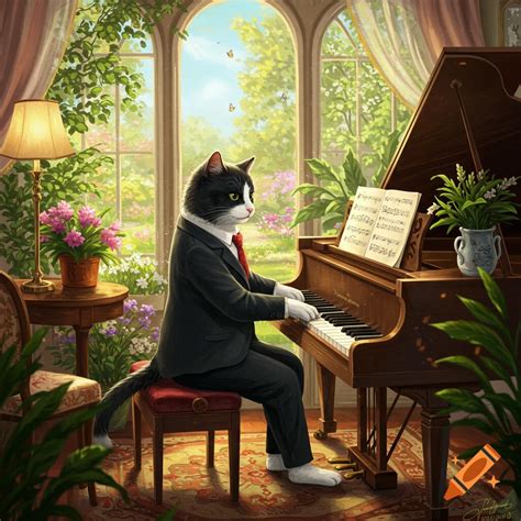 A Tuxedo Cat In A Suit Plays A Grand Piano In A Sunlit Room Filled With