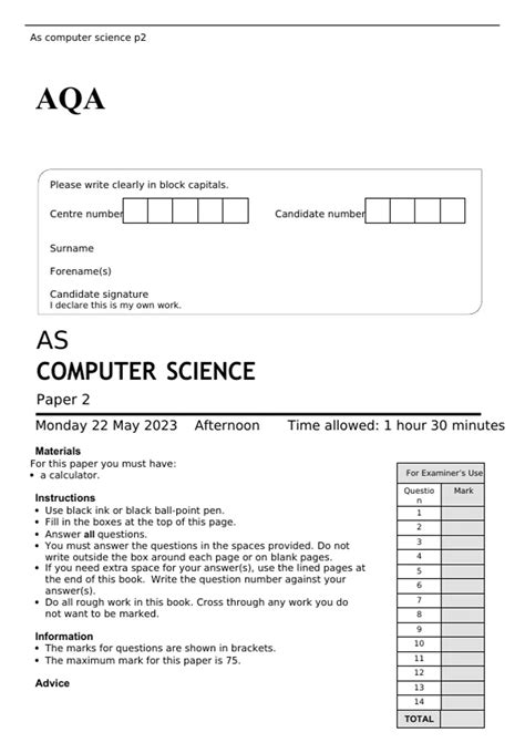 Aqa As Computer Science Paper 2 May 2023 Official Question Paper As