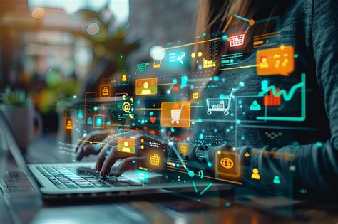 Premium Photo Person Typing Laptop With Many Icons On Screen