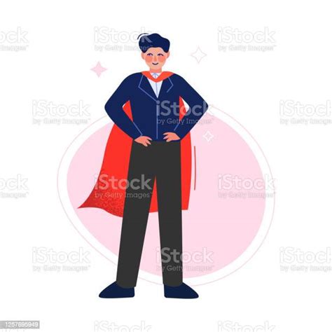 그의 허리에 손을 들고 서 빨간 흔들리는 케이프의 슈퍼 맨 성공적인 슈퍼 히어로 비즈니스 인물 캐릭터 리더십 도전 목표 성취