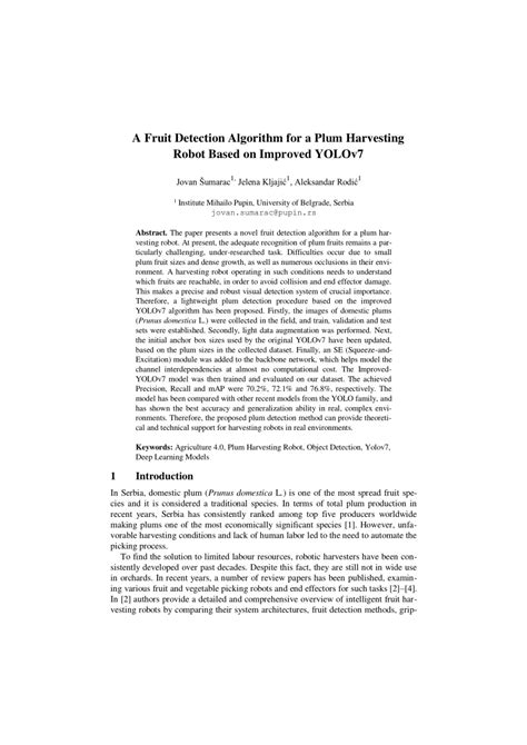 pdf a fruit detection algorithm for a plum harvesting robot based on