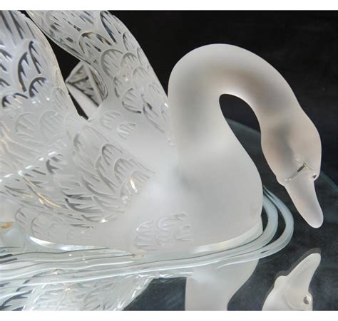Two Lalique French Crystal Swans On Mirror Base