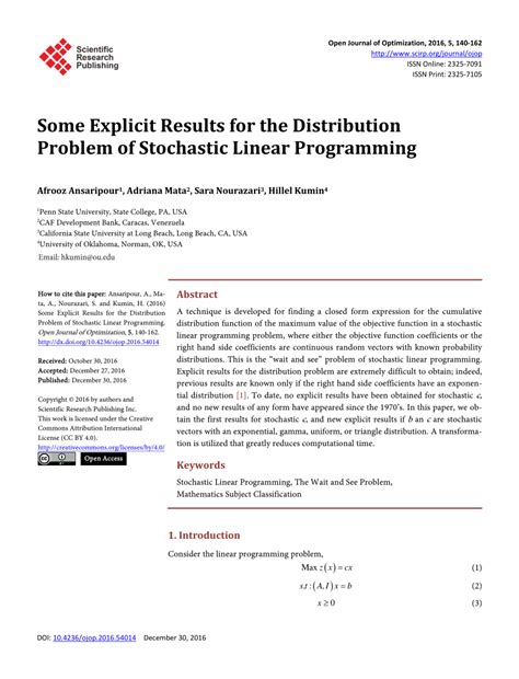 Pdf Some Explicit Results For The Distribution Problem Of Stochastic