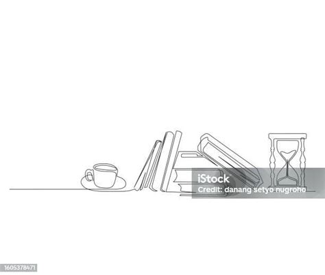 책의 연속 라인 아트 드로잉과 코피 한 잔 책 위에 커피 한 잔 한 줄 아트 그리기 벡터 일러스트레이션 라인아트에 대한 스톡
