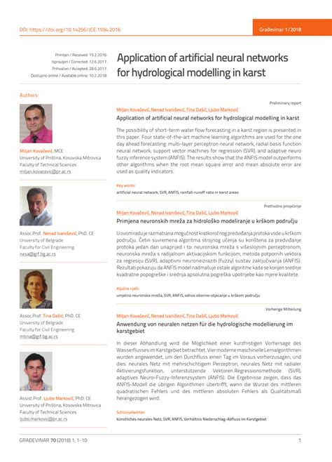 Pdf Application Of Artificial Neural Networks For Hydrological Modelling In Karst