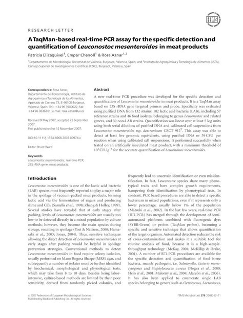 Pdf A Taqman Based Real Time Pcr Assay For The Specific Detection And Quantification Of