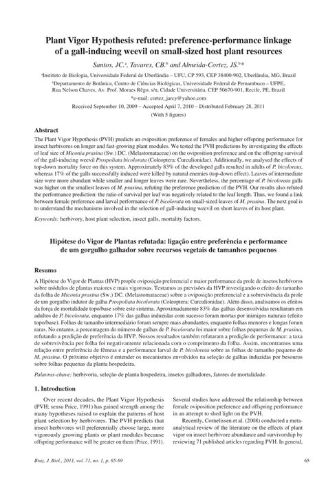 Pdf Plant Vigor Hypothesis Refuted Preference Performance Linkage Of A Gall Inducing Weevil