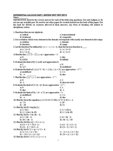 Unit Test Differential Calculus Part 1 Review Set B Sep 3b Pdf