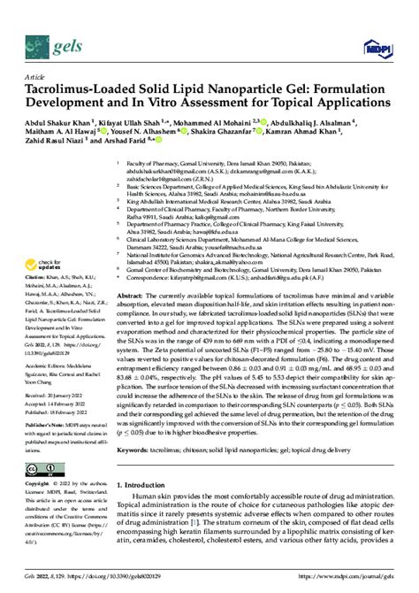 Pdf Tacrolimus Loaded Solid Lipid Nanoparticle Gel Formulation