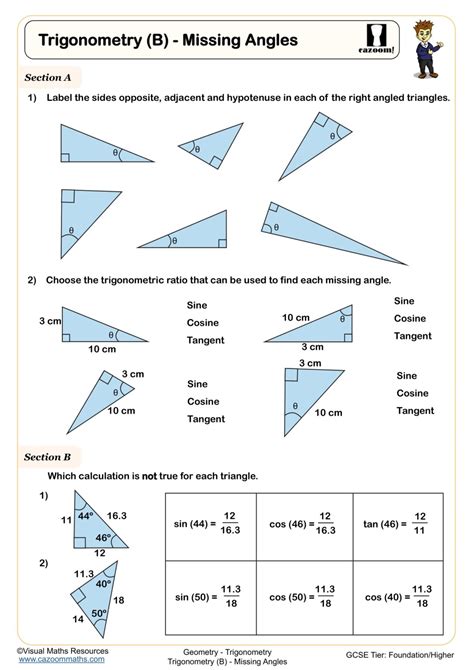 Trigonometry B Missing Angles Worksheet Printable Pdf Year 8 And Year 9 Geometry Worksheet