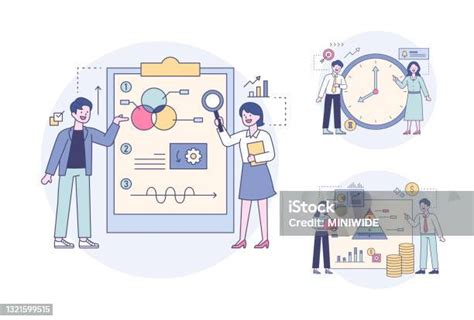 차트 포트폴리오와 시계 및 피라미드 그래프를 통해 데이터를 분석하는 전문가 개념에 대한 스톡 벡터 아트 및 기타 이미지 개념 구도 남성 Istock