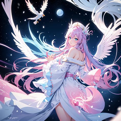 Anime Girl With Long Hair And White Wings Flying In The Sky Seaart Ai