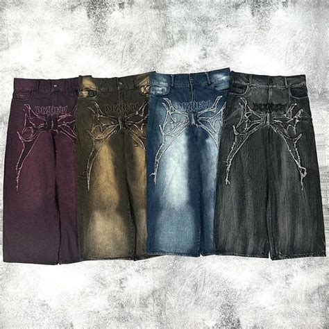Custom Mens Gothic Embroidered Baggy Denim Jeans With Spider Web