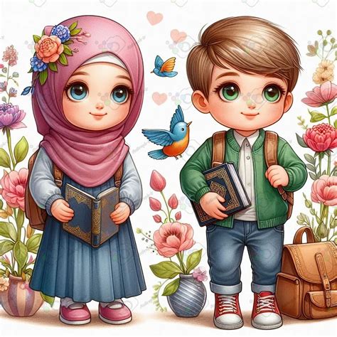 بک گراند کودکانه دختر ناز با حجاب و پسر ناز دانش آموز با قرآن و کوله پشتی کد 42882 ویژه عکس گراف