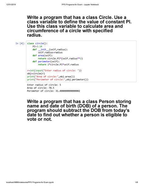 Pps Programs For Exam Write A Program That Has A Class Circle Use A Class Variable To Define