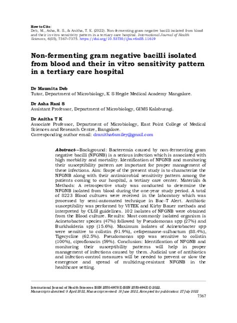 Pdf Non Fermenting Gram Negative Bacilli Isolated From Blood And