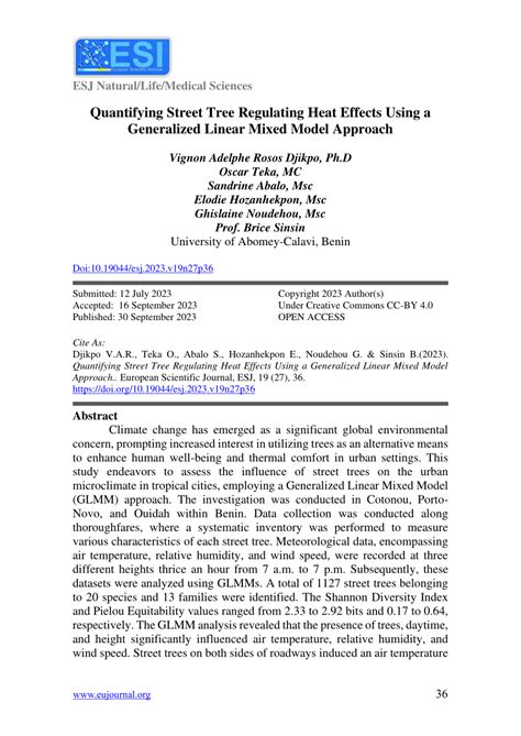 Pdf Quantifying Street Tree Regulating Heat Effects Using A Generalized Linear Mixed Model