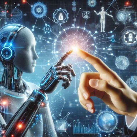 Hands Of Robot And Human Touching On Big Data Network Connection Background Stock Illustration