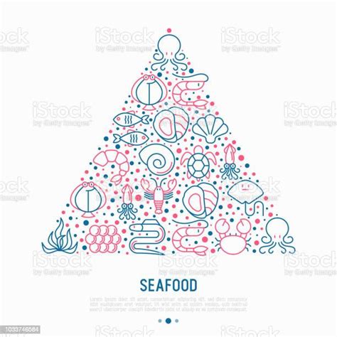 얇은 선 아이콘을 가진 삼각형에서 해산물 개념 랍스터 생선 새우 낙 지 굴 장 어 해 초 게 진입로 거북 레스토랑 메뉴에 대 한