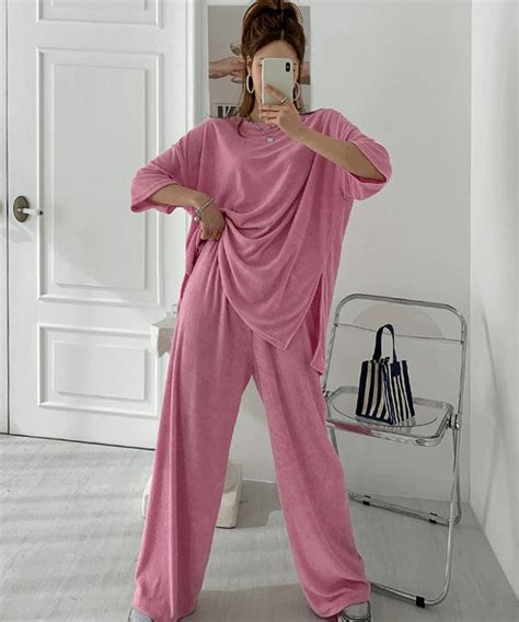 테리 타올 트레이닝 세트 오버핏 롱 반팔 티밴딩 와이드 팬츠 2컬러 에이블리