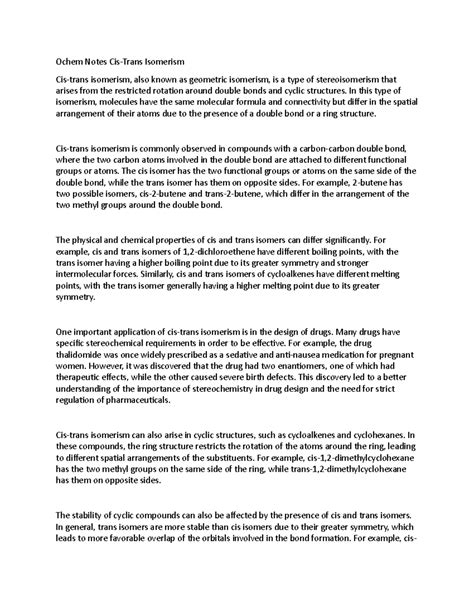 Ochem Notes Cis Trans Cis Trans Ochem Notes Cis Trans Isomerism Cis Trans Isomerism Also