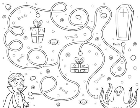 아이들을 위한 흑백 미로 게임 귀여운 뱀파이어가 관으로 가는 길을 찾도록 도와주세요 할로윈 퍼즐 프리미엄 벡터