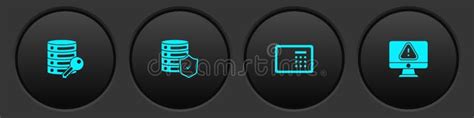 Set Server Security With Key Shield Safe And Monitor Exclamation Mark Icon Vector Stock