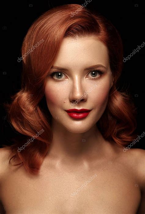 Portrait Of Young Sexual Redhead Naked Girl With Red Lips And Lo