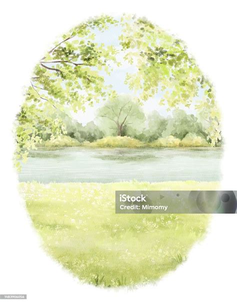 나무 강 풀이 있는 봄 녹색 풍경이 있는 수채화 만화 타원형 구성 강에 대한 스톡 벡터 아트 및 기타 이미지 강 수채화 0명 Istock
