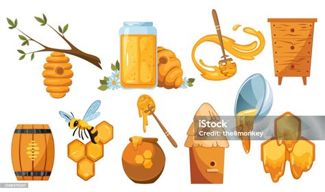 양봉의 그림을 설정합니다 꿀 방울과 디퍼 숟가락나무 항아리 벡터 꿀벌 떼 꿀벌 벌집에서 꿀 방울 나무에서 매달린 벌집 그림 꿀 컬렉션 개체 그룹에 대한 스톡 벡터 아트 및