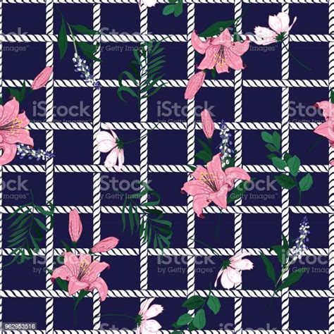여름 완벽 한 패턴 봄 분기 섬세 하 고 아름 다운 백합 개화 꽃 벡터에 그려진 패션 직물에 대 한 그리드 로프 검사 0명에 대한 스톡 벡터 아트 및 기타 이미지 Istock