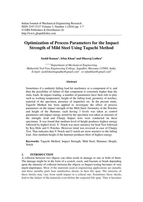 Pdf Optimization Of Process Parameters For The Impact Strength Of Mild Steel Using Taguchi Method