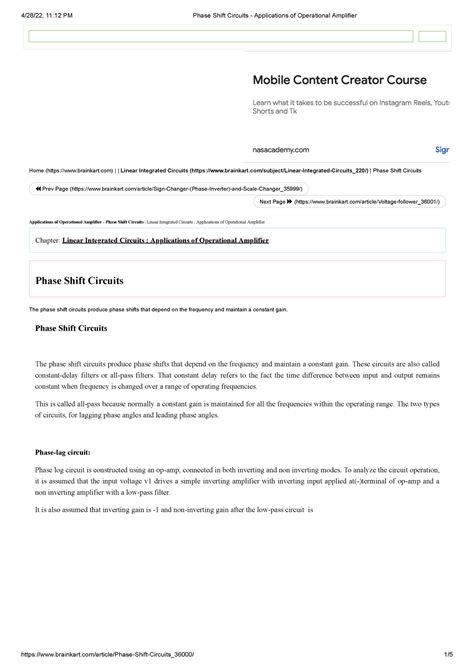 Phase Shift Circuits Applications Of Operational Amplifier Mobile Content Creator Course