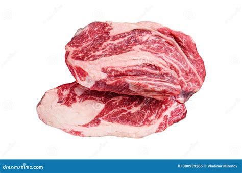 Raw Chuck Roll Beef Meat Steaks On A Wooden Board With Thyme Isolated