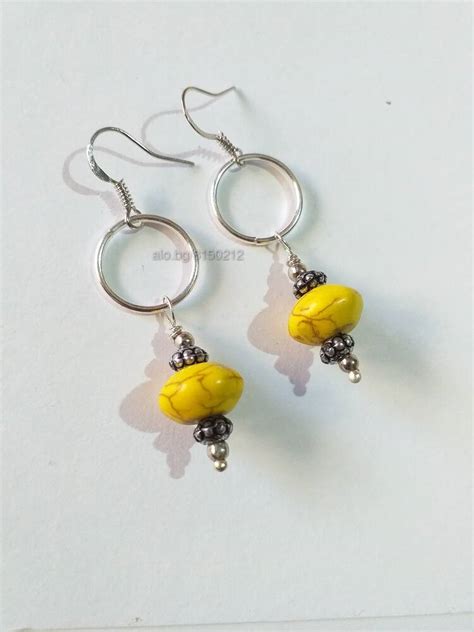 Слънчеви Бохо обици с камъни жълт Тюркоаз и орнаменти в цвят Сребро Дамско бижу Скъпоценни