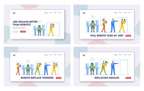 로봇은 작업자 랜딩 페이지 템플릿 세트를 대체합니다 직장에서 해고로 인해 상자에 물건으로 사무실을 떠나는 사람들 가상 이벤트에 대한 스톡 벡터 아트 및 기타 이미지 Istock
