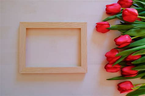 흰색 테이블에 나무 그림 프레임 위에 빨간 튤립의 프레임 맨 위 보기입니다 공간을 복사합니다 아름다움 화장품 스타일 패션 플랫 레이 0명에 대한 스톡 사진 및 기타 이미지