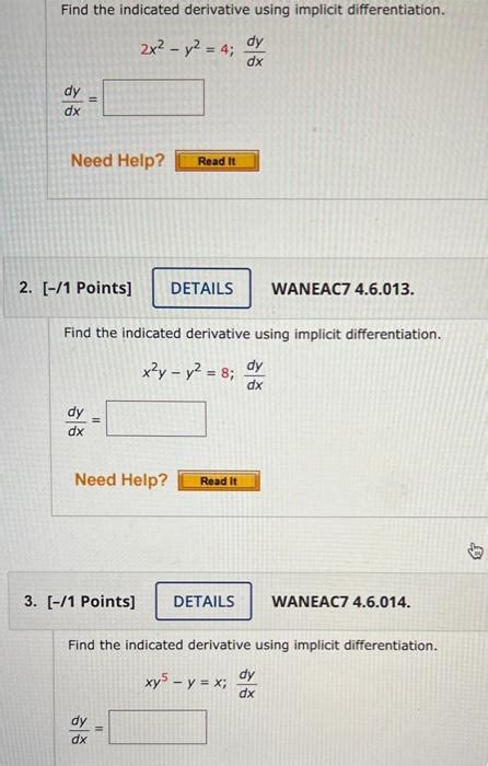 Solved Find The Indicated Derivative Using Implicit Chegg Com