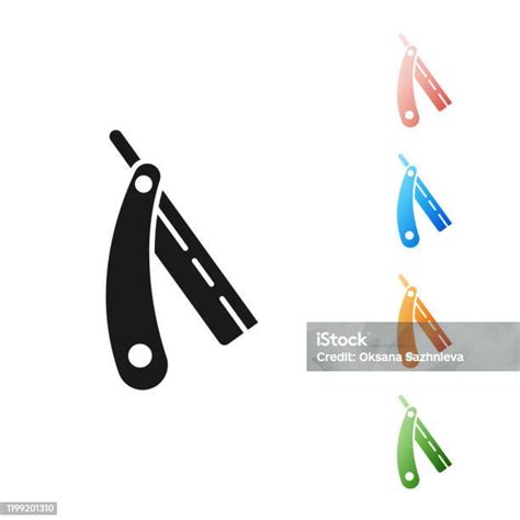 흰색 배경에 격리 된 검은 색 직선 면도기 아이콘입니다 이발소 기호입니다 다채로운 아이콘을 설정합니다 벡터 일러스트레이션 가장자리에 대한 스톡 벡터 아트 및 기타 이미지