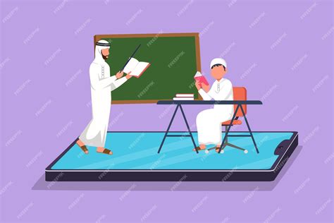 책상 근처 의자에 앉아 스마트폰 화면에서 공부하는 똑똑한 소년 중학생을 가르치는 젊은 아라비아 남성 교사의 만화 플랫 스타일 그래픽 디자인 벡터 그림 프리미엄 벡터