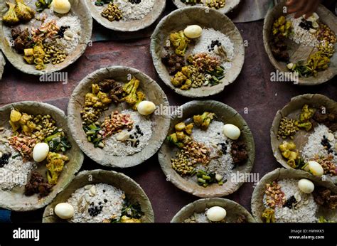 Traditional Newari Food Set Samey Baji Served In The Disposable Leaf